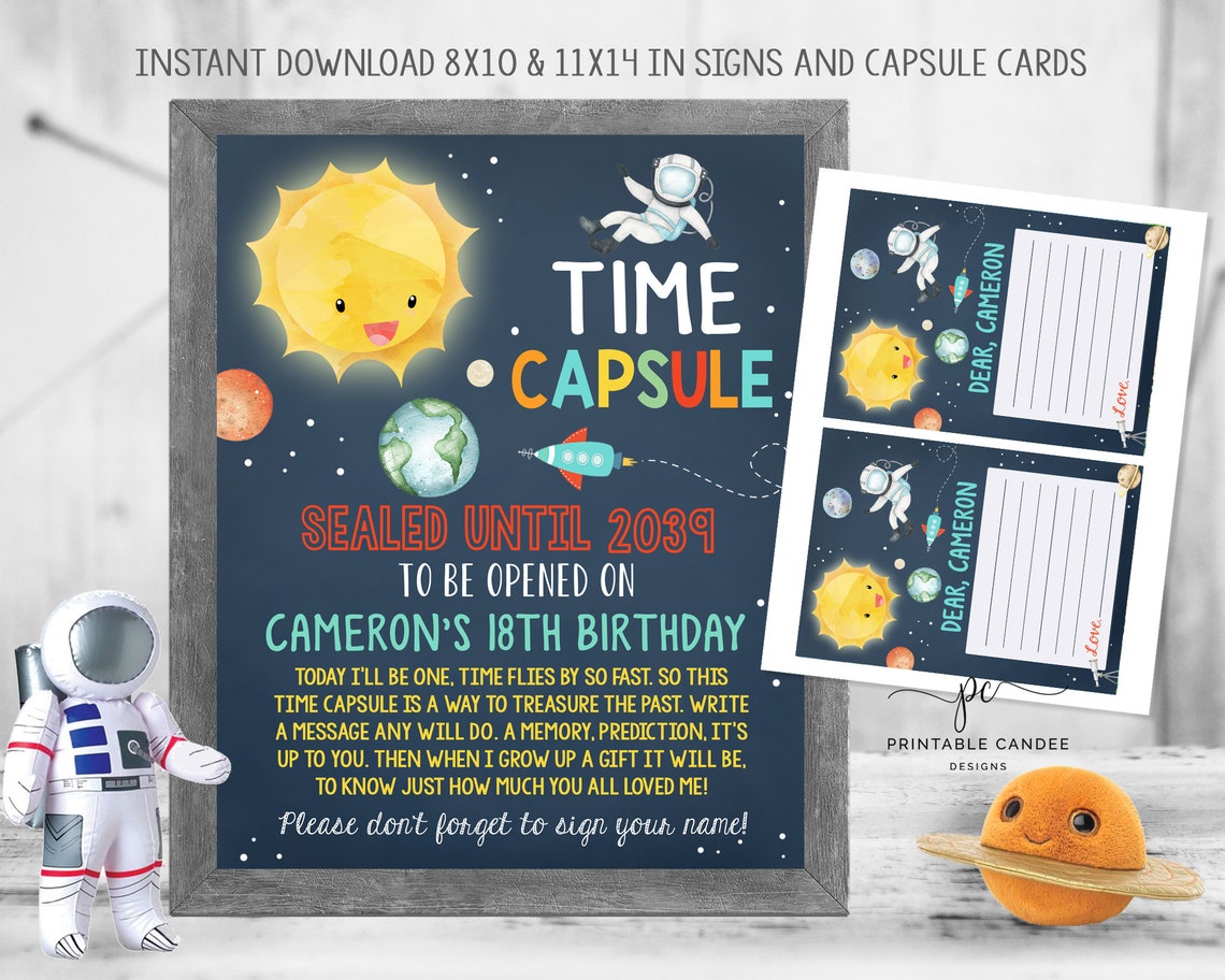 Editable Outer Space Time Capsule First Birthday Astronaut Party Rocket ...
