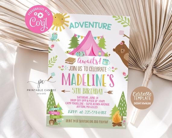 Girls Camping Invitation Girls Glamping Birthday Party Invitation