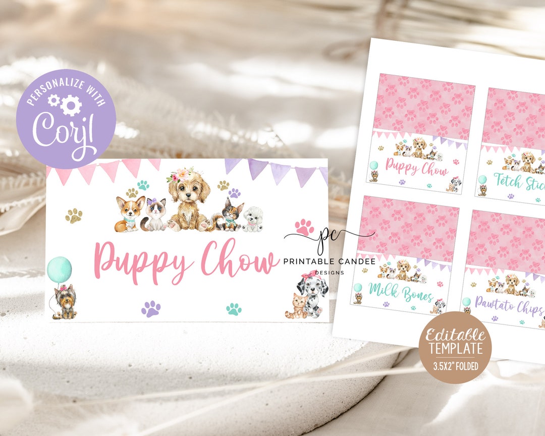 Editable Girl Puppy Kitten Food Tent Signs Cat Dog Birthday Party Pink ...