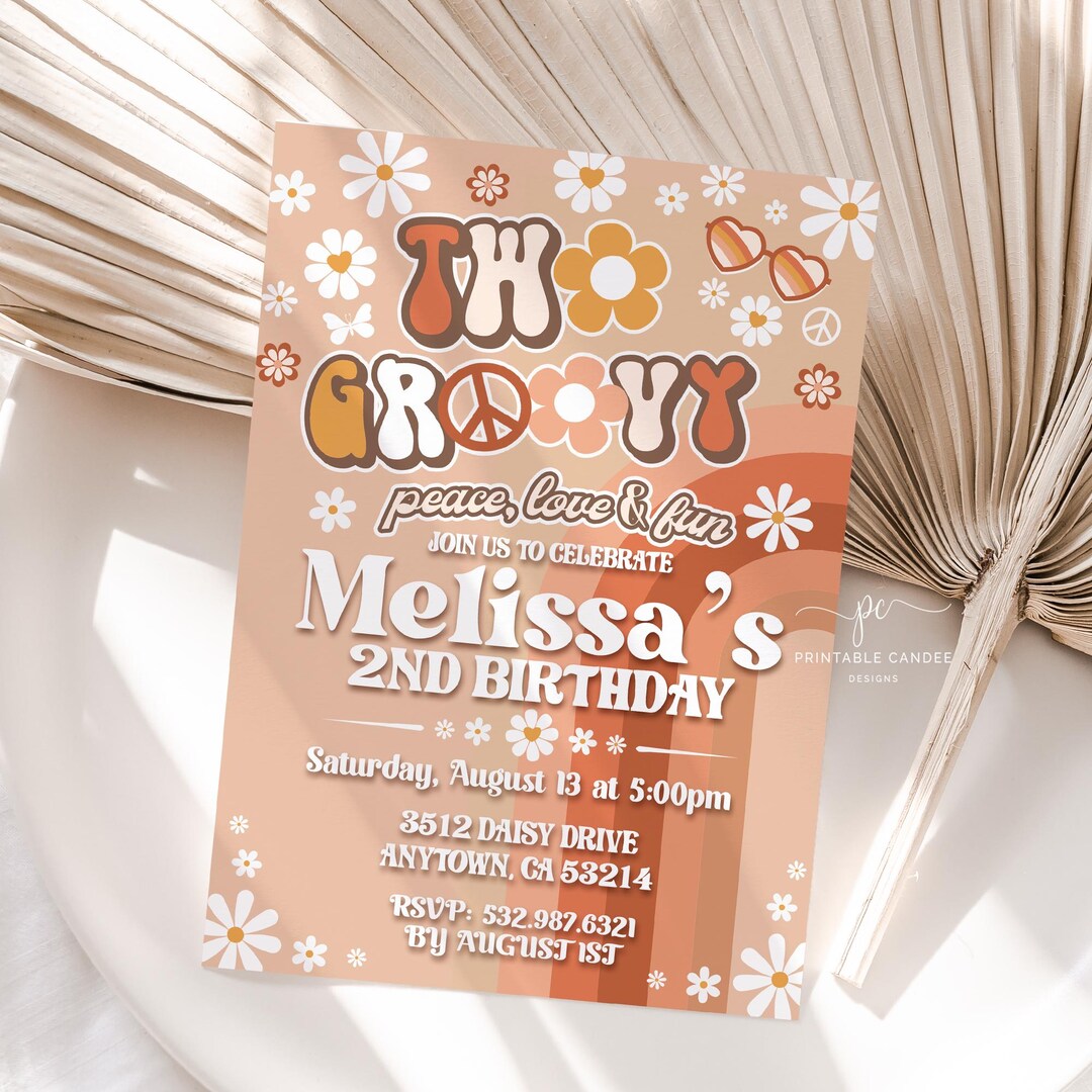 Editable Two Groovy Birthday Invitation Daisy Rainbow Groovy 2nd ...