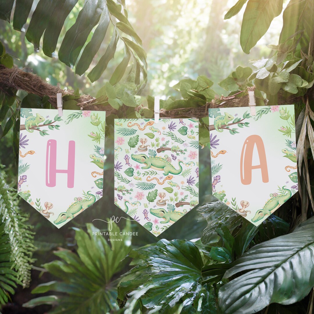Editable Reptile Flag Banner Pastel Girl Birthday Decor Lizard Birthday ...