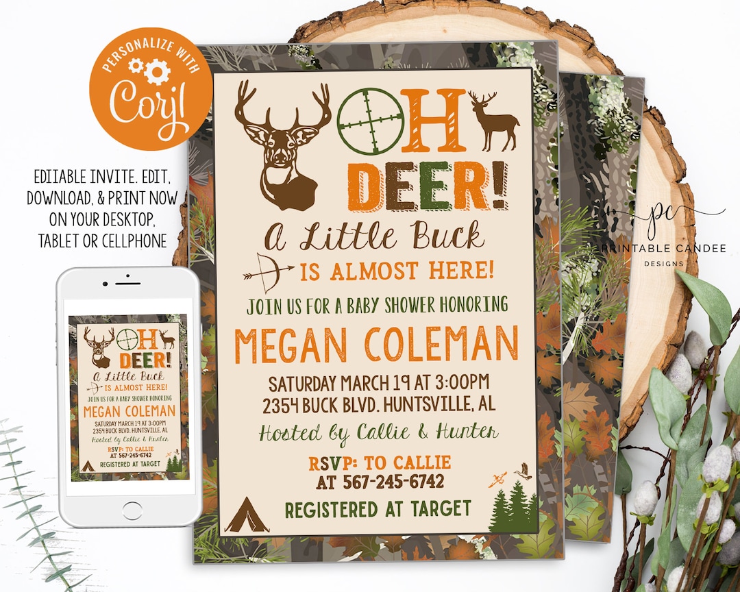 Hunting Baby Shower Invitation Camo Deer Invite Baby Boy Theme Editable ...