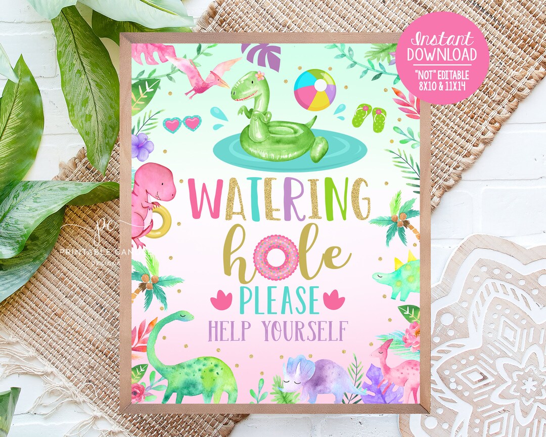 Dinosaur Pool Party Drink Sign Girl Birthday Dino Summer Printable ...