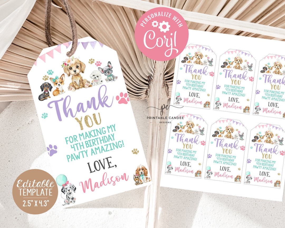 Editable Girl Puppy Favors Dog Birthday Party Pink Watercolor Pet Theme ...