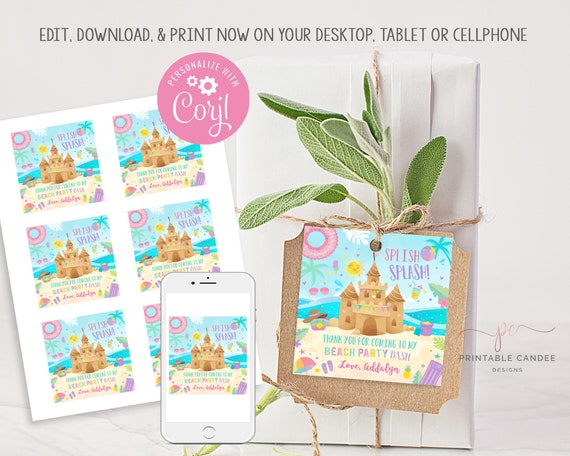Beach Party Favor Tags Template Girl Birthday Summer Beach | Etsy