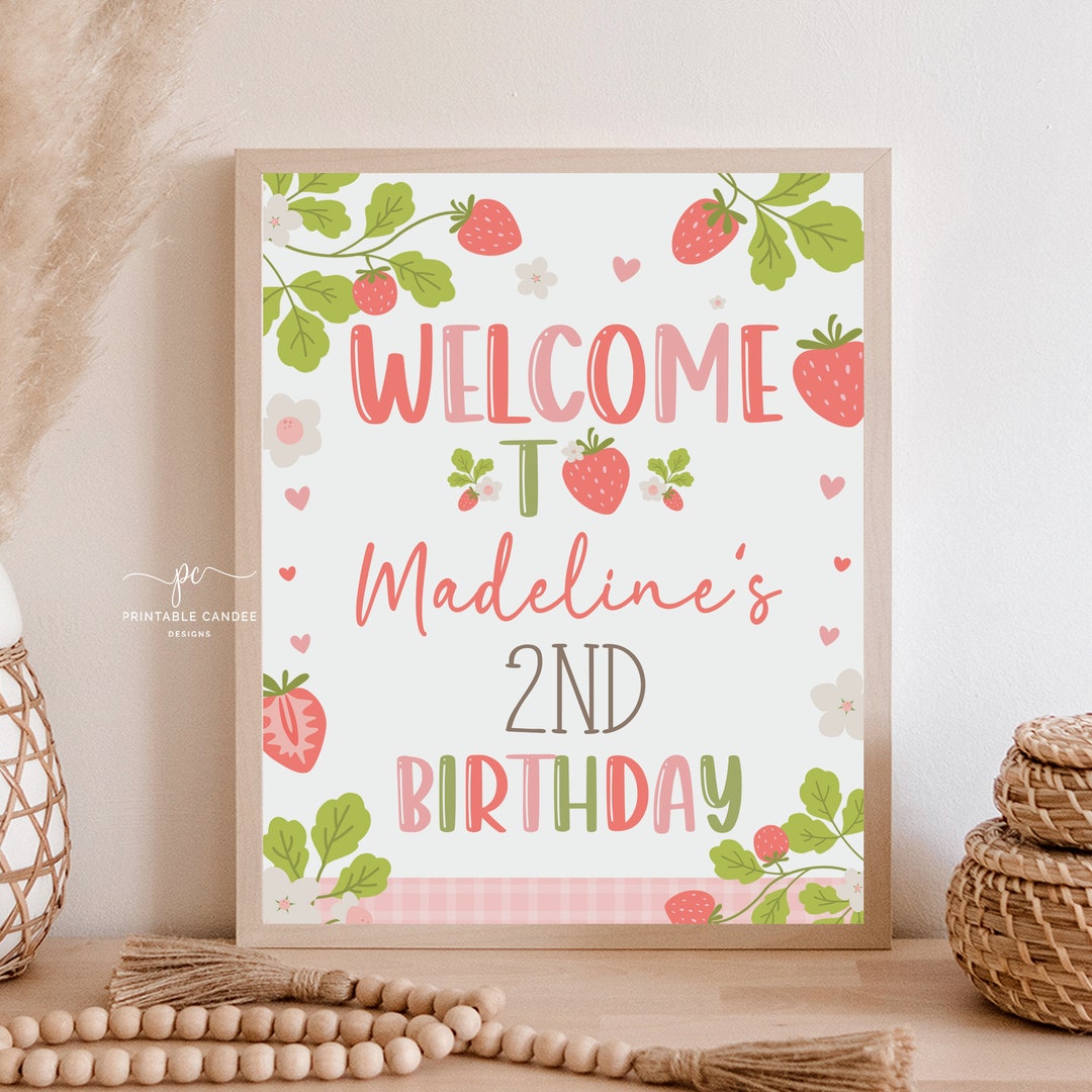 Strawberry Birthday Welcome Sign Berry Printable Girl Pink Red Summer ...