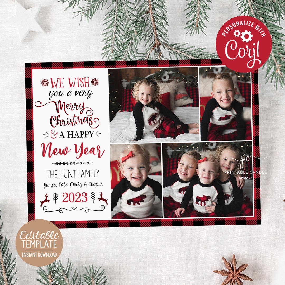 Editable Christmas Card Template Plaid 4 Photo Card Red Holiday Theme ...