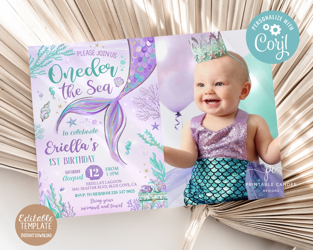 Editable Under the Sea Little Mermaid 1st Birthday Invitation Purple ...