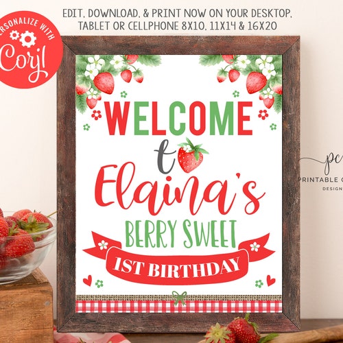 Editable Strawberry Birthday Welcome Sign Strawberry Party - Etsy
