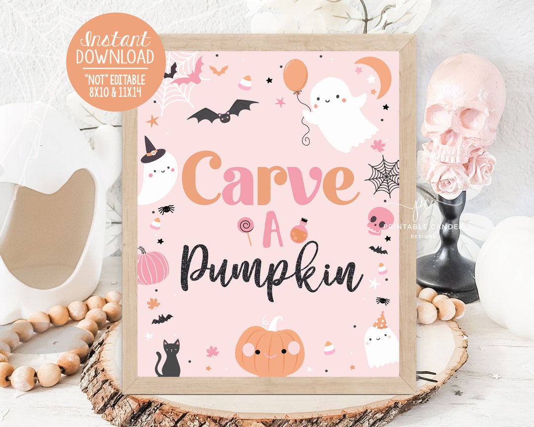 Halloween Pumpkin Carving Sign Sign Pink Ghost Party Decor Girl Theme ...