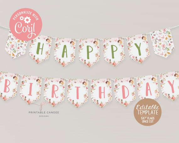 Editable Fairy Happy Birthday Banner Girl Pink Floral Princess - Etsy
