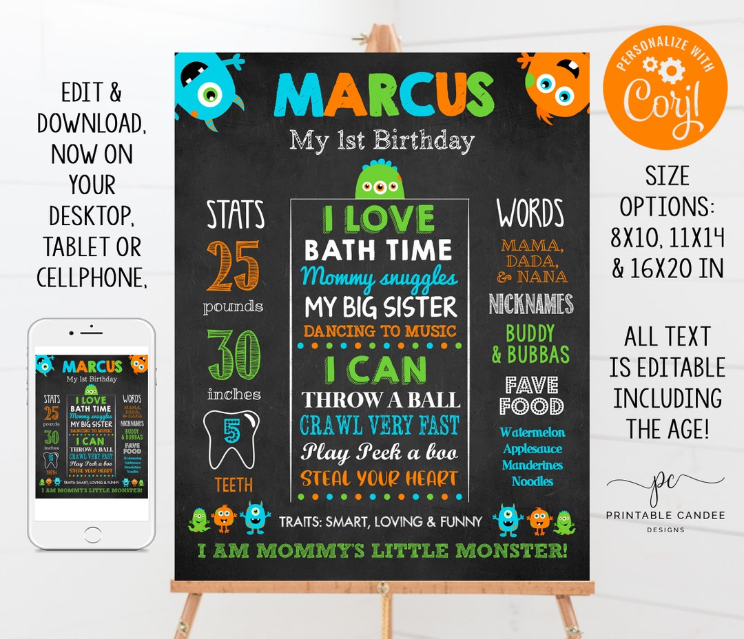 Monster First Birthday Stats Sign Milestone Chalkboard Party Decor ...