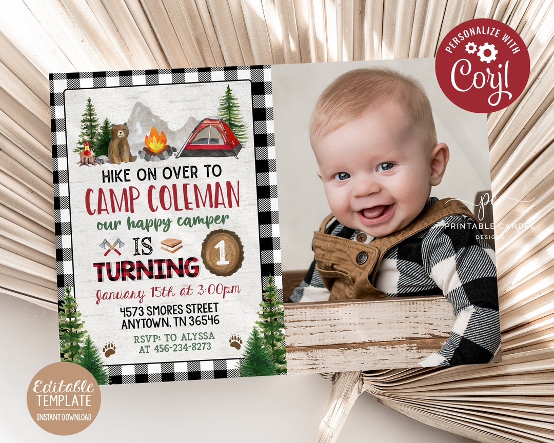 Camping Birthday Invitation Happy Camper Smores Lumberjack Photo Black ...