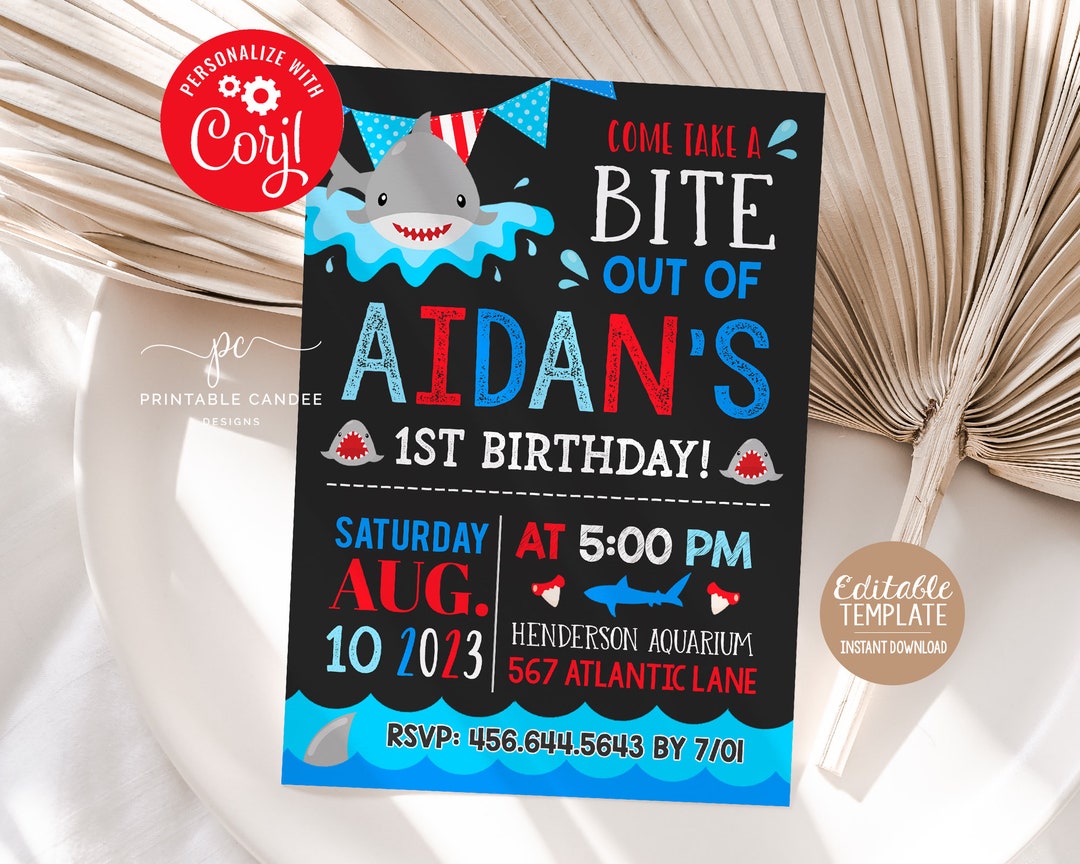 Editable Shark Birthday Invite Sharks Boy Invitation Summer Pool Theme ...