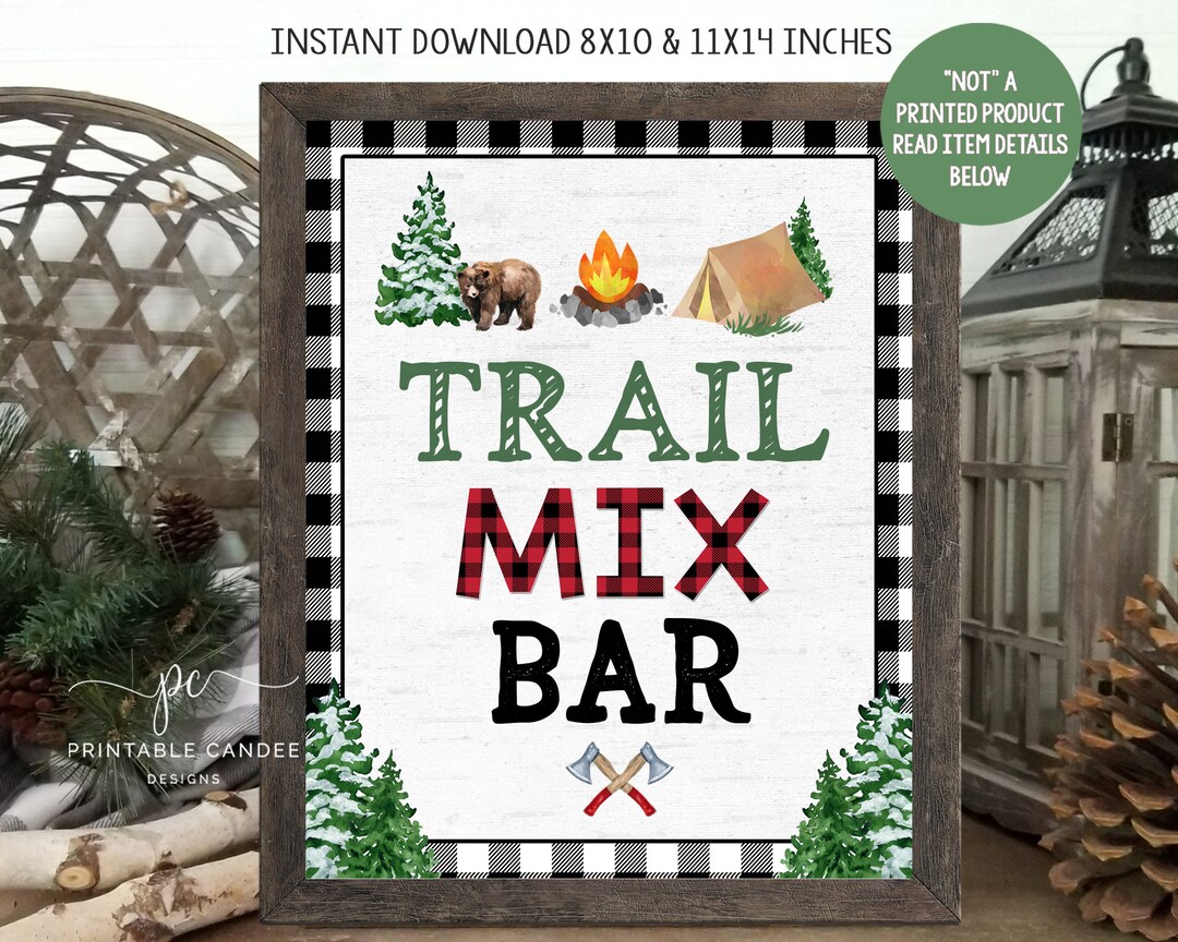 Trail Mix Bar Sign Camping Party Decor Lumberjack One Happy Camper ...