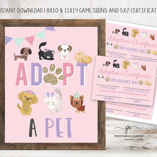 Adoption Certificate Puppy Kitty Party Adopt a Pet Sign AND - Etsy