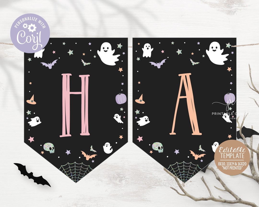 Editable Halloween Pastel Flag Banner Pink Ghost Party Decor Girl Theme ...