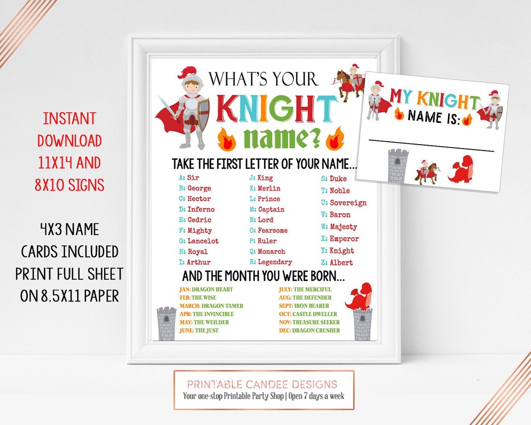 Knight Name Game Birthday Dragon Party Knights and Dragons - Etsy