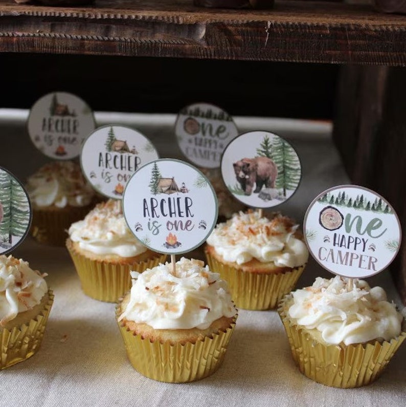Camping Cupcake Toppers One Happy Camper Birthday Smores Woodland Bear ...