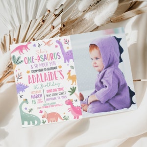 Pastel Dinosaur 1st Birthday Invitation Girl Oneasaurus Rex Party ...