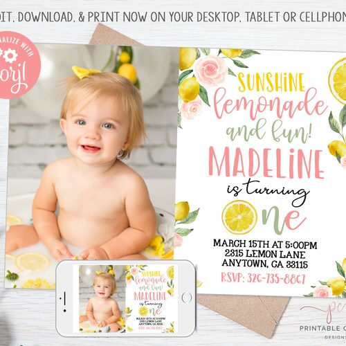 Editable Lemonade First Birthday Invitation Pink Lemon - Etsy