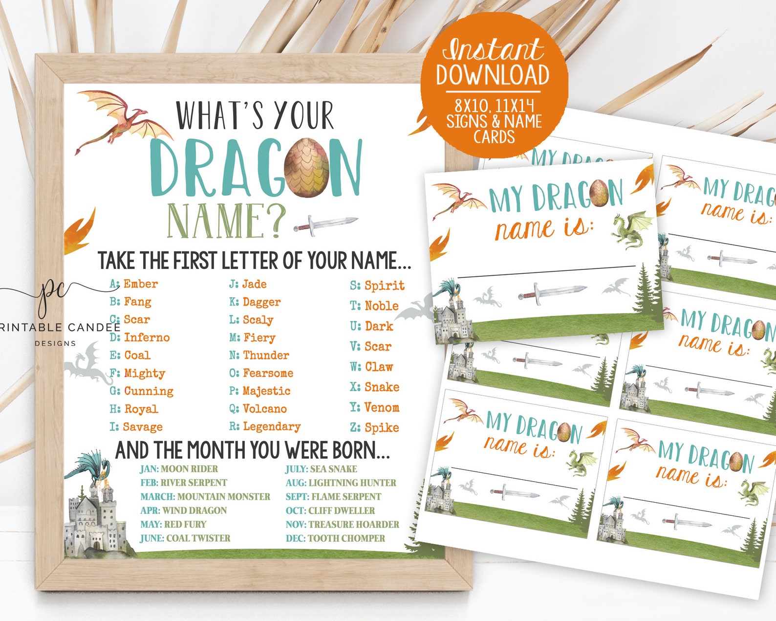 Dragon Name Game Sign Dragon Birthday Party Printables White - Etsy