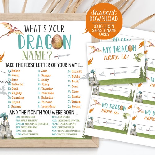 Dragon Name Game Sign Dragon Birthday Party Printables White - Etsy