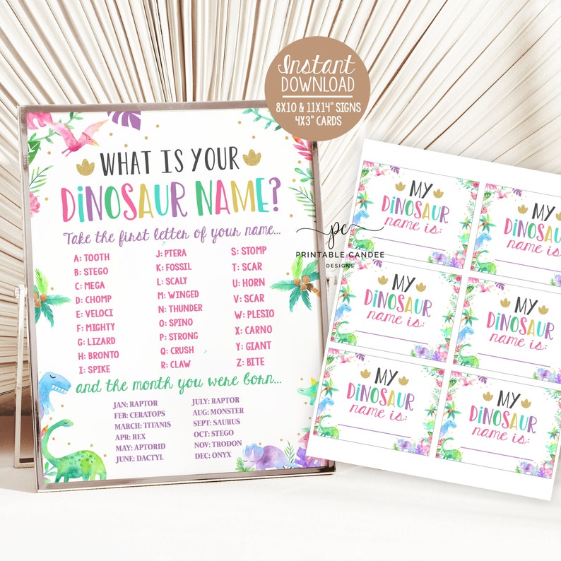 Dinosaur Name Game Girl Dino Theme Party Decor Printables Table Party ...