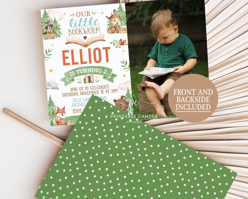 Editable Bookworm Birthday Invitation Boy Woodland Library Themed Photo ...