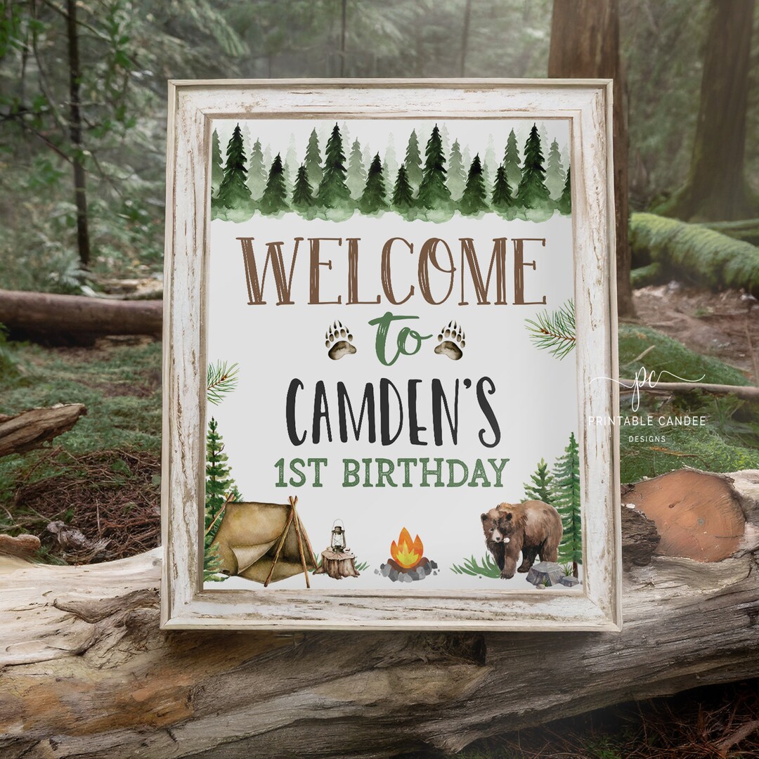 Camping Welcome Sign One Happy Camper Smores Woodland Birthday Bear 1st ...