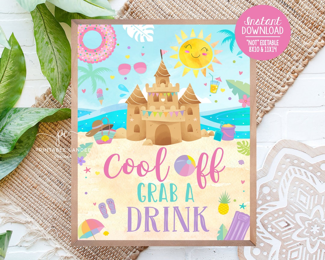 Beach Party Drink Sign Girl Birthday Summer Beach Theme Food Table Sign ...