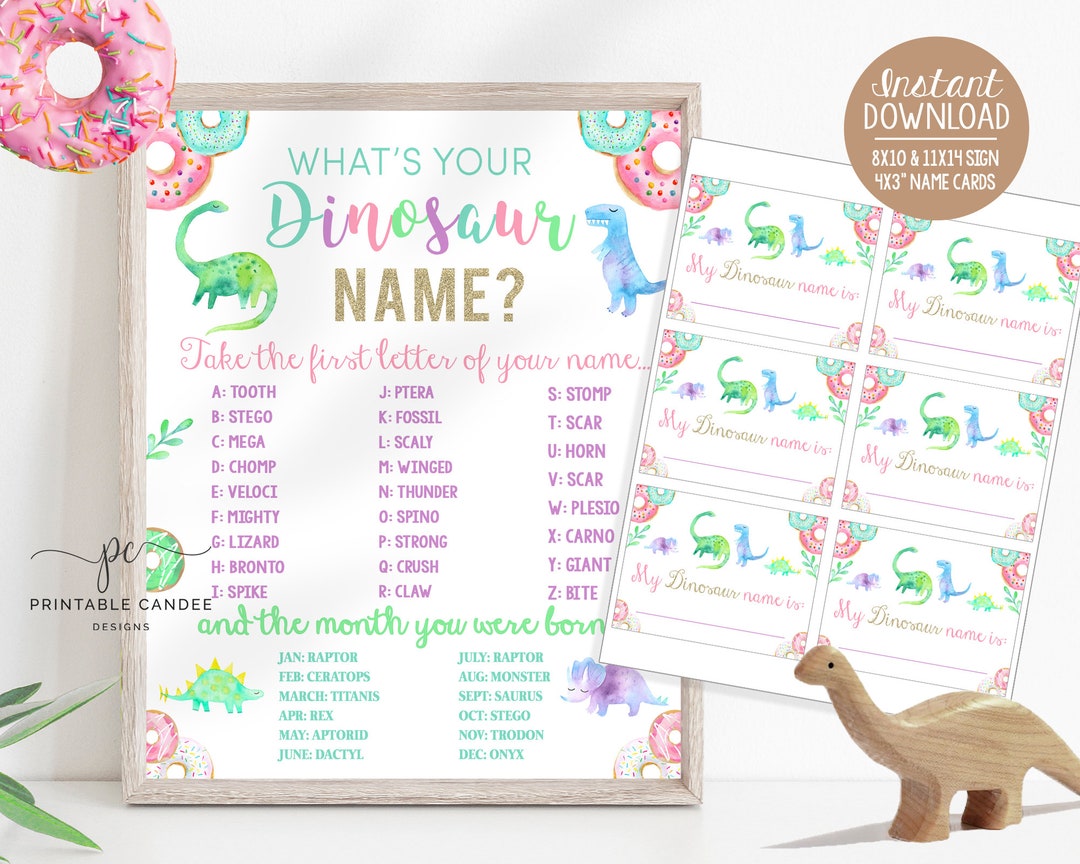 Dinosaur Name Game Girl Donut Dino Theme Party Decor Printables Table ...