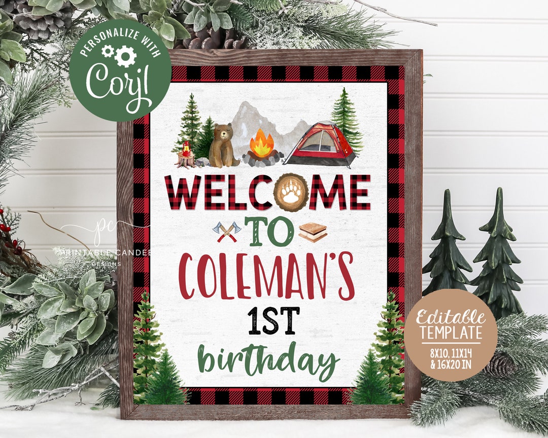 Editable Camping Welcome Sign Red Lumberjack One Happy Camper Smores ...