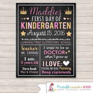 Girl Princess First Day of Preschool Sign 1st Day of Kindergarten Back ...