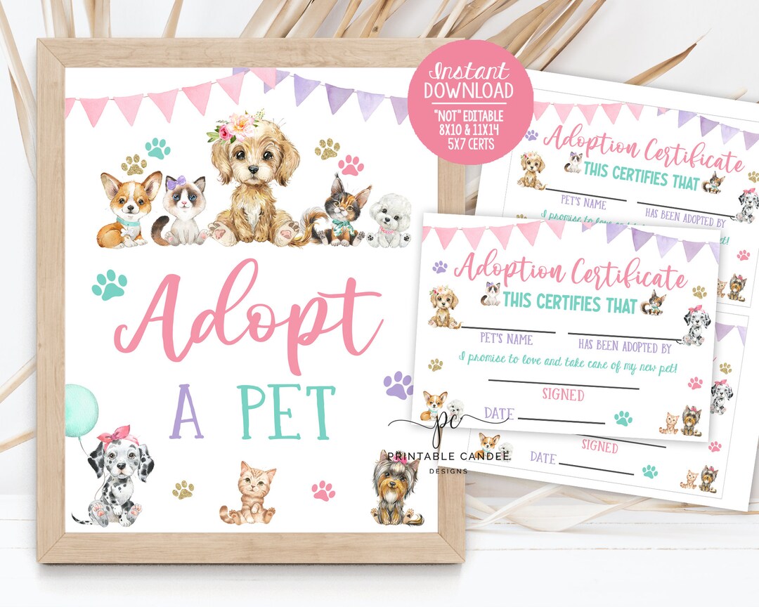 Pet Adoption Sign Dog Birthday Party Adopt a Pet Decor Kitten Theme ...