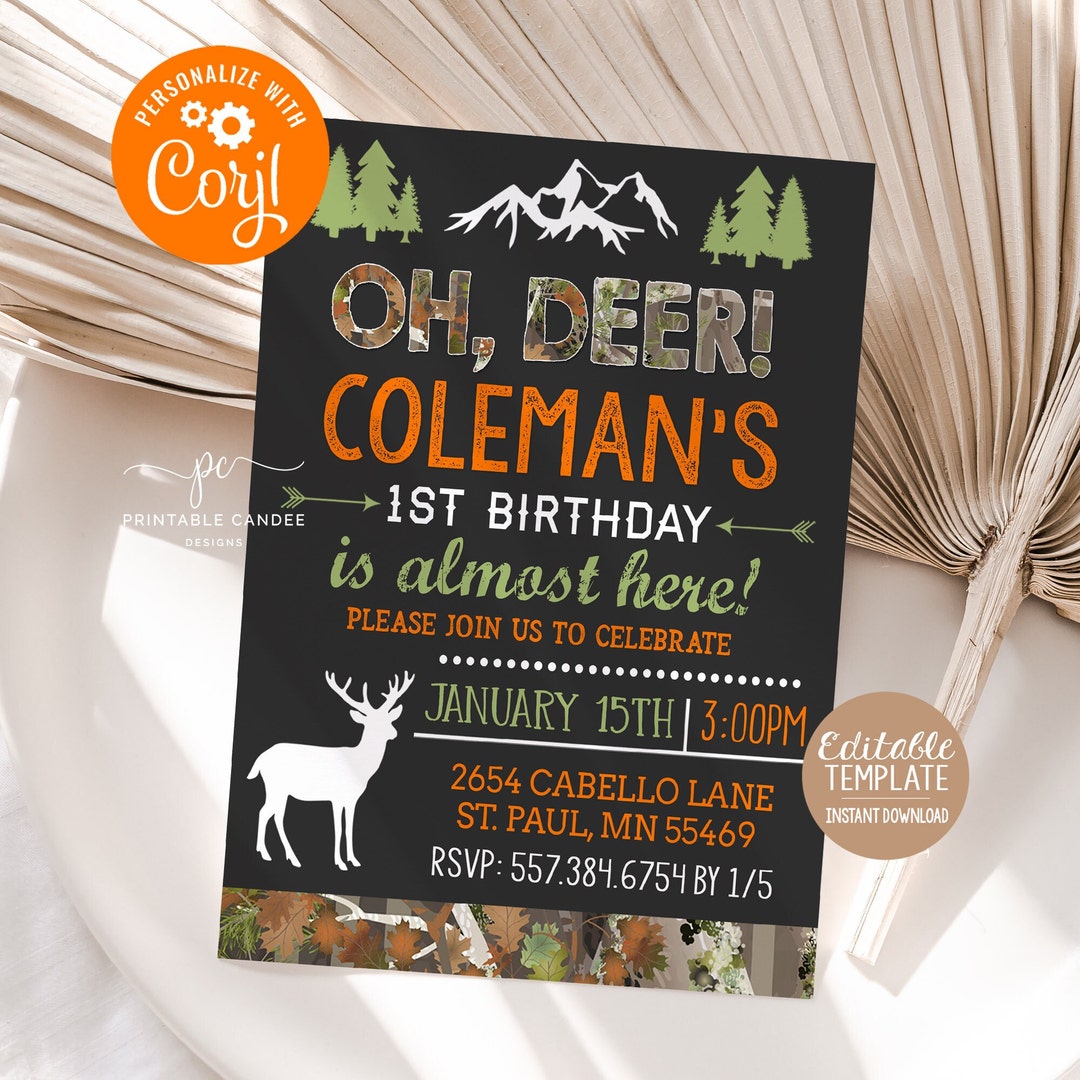 Hunting Birthday Invitation Template Camo Deer Party Invite Editable ...