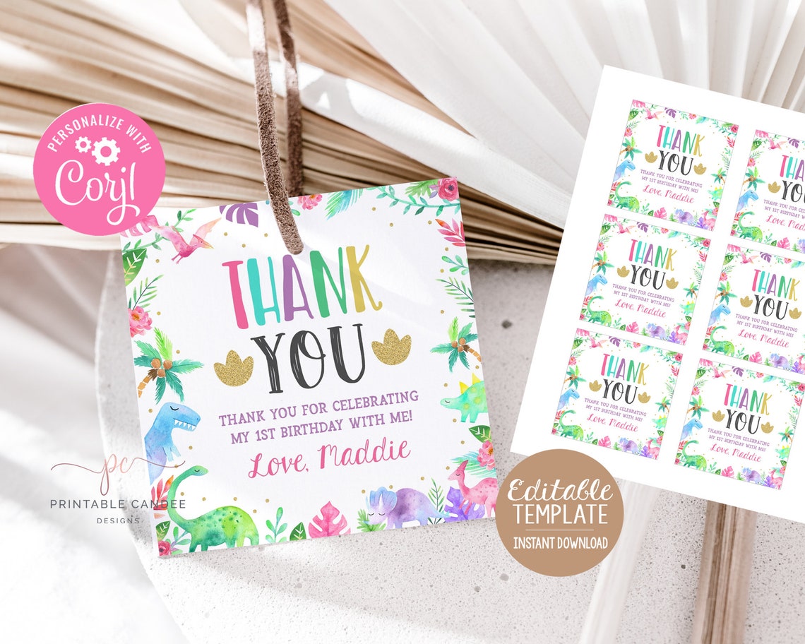 Editable Dinosaur Favor Tags Girl Dino Birthday Party Theme - Etsy
