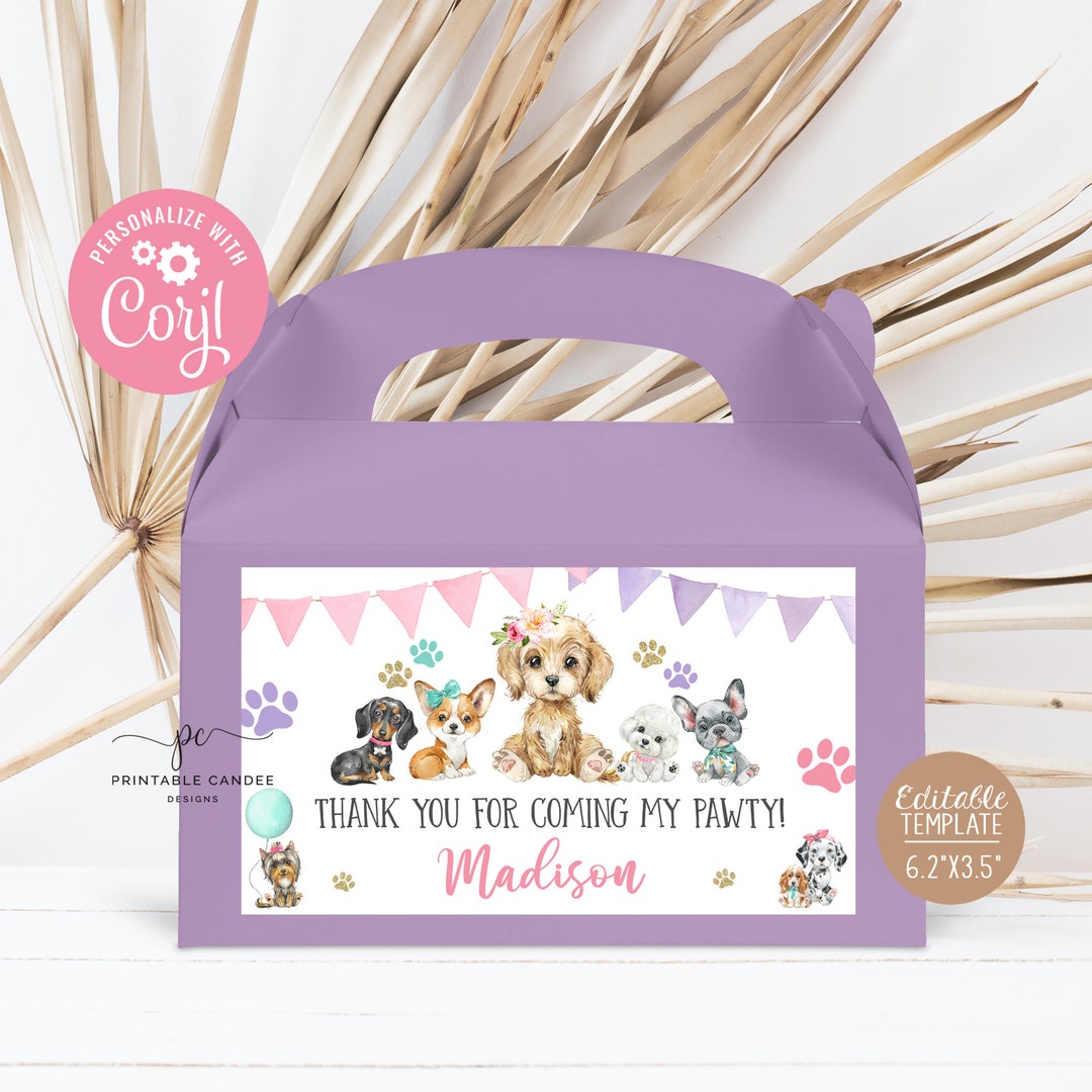 Editable Girl Puppy Carrier Label for Gable Box Dog Birthday Party Pink ...