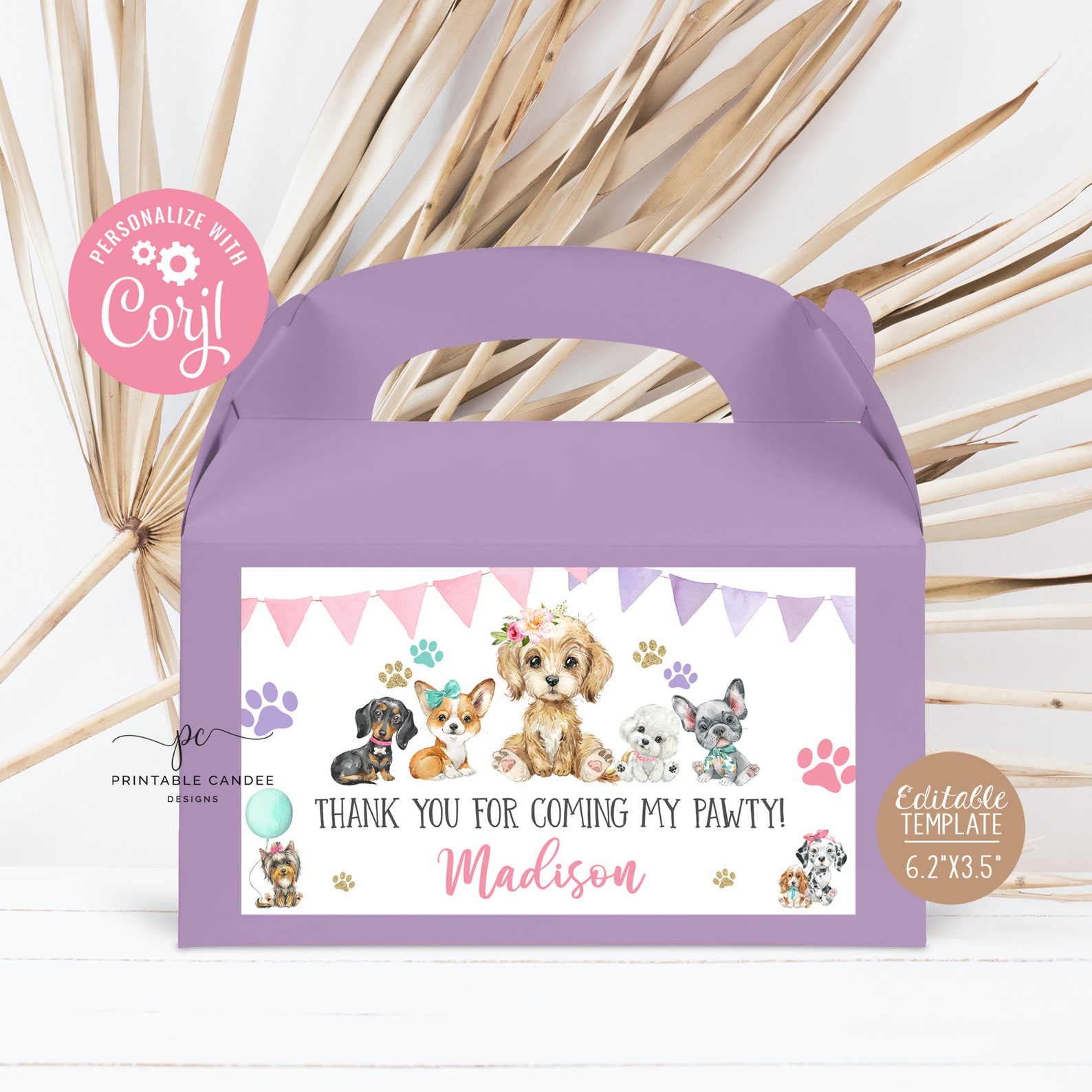 Editable Girl Puppy Carrier Label for Gable Box Dog Birthday Party Pink ...