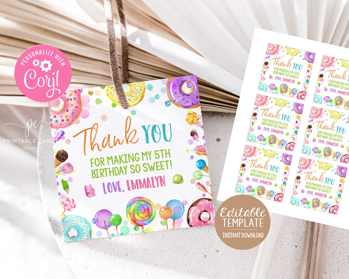 Candy Party Favor Tags Template Lollipop Donut Girl Birthday Theme ...