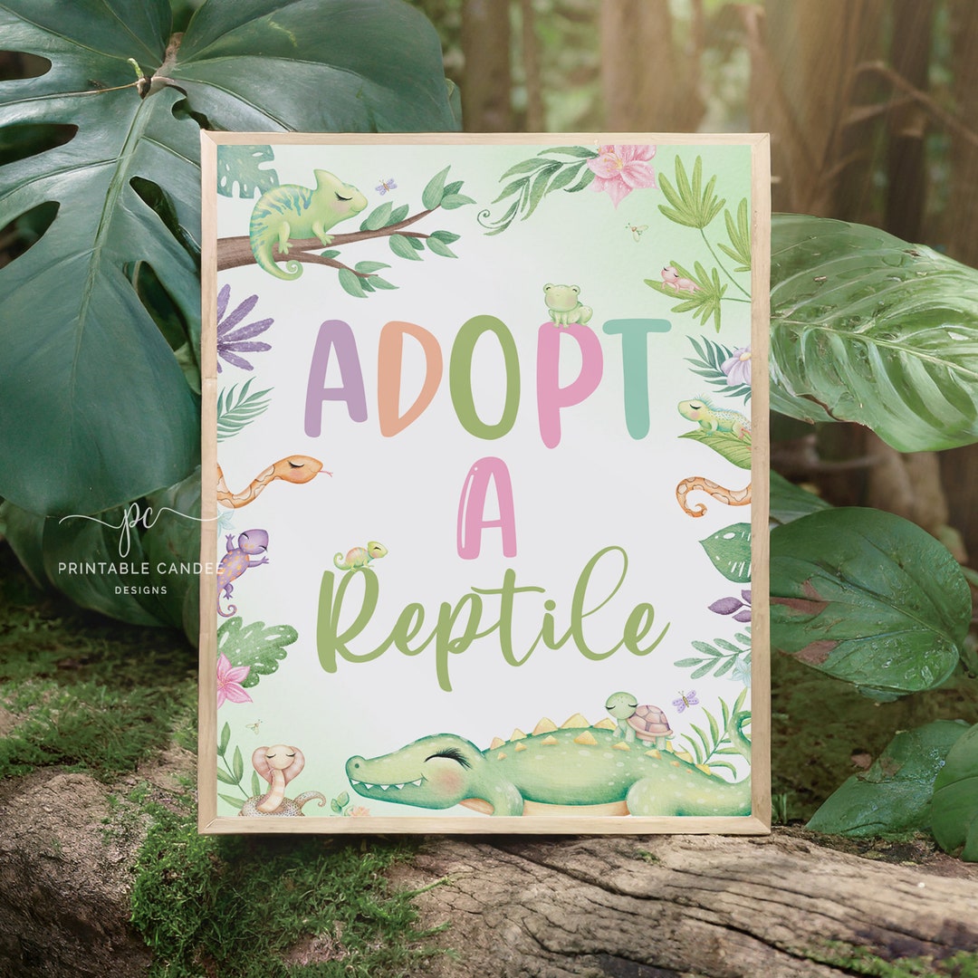 Adopt a Reptile Pastel Girl Birthday Sign Lizard Party Decor Frog Theme ...