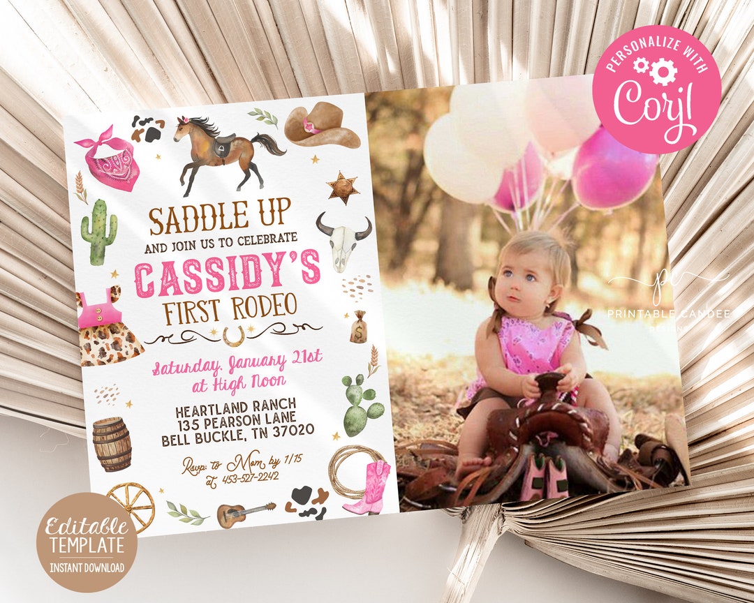 Editable Cowgirl Birthday Invitation 1st Rodeo Party Invite Pink Wild ...