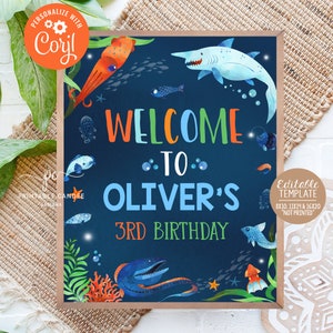 Editable Under the Sea Welcome Sign Deep Sea Creatures Boy Birthday ...