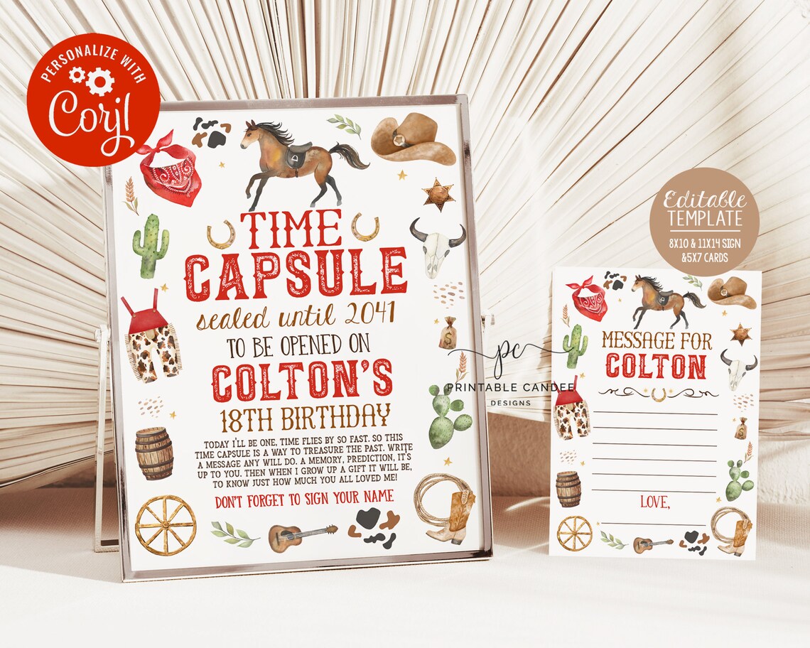 Cowboy Time Capsule Sign 1st Rodeo Birthday Party Theme Wild West Table ...