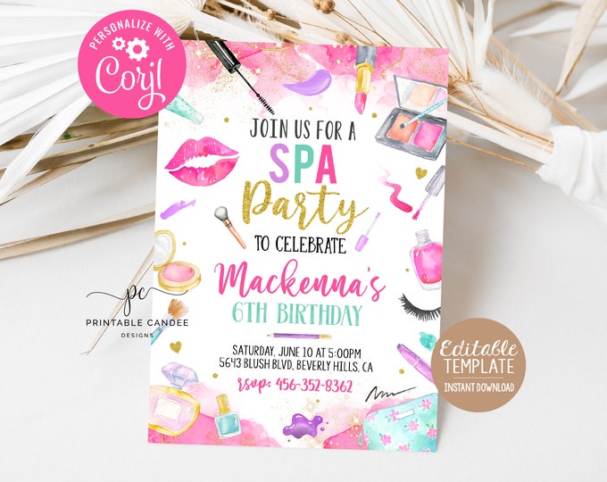 Editable Spa Birthday Party Invitation - Makeup Girl Invite - Beauty ...