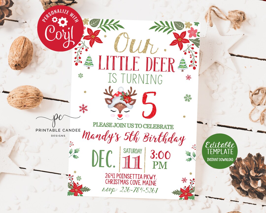 Invitación de cumpleaños de Navidad de reno editable Pequeño - Etsy España