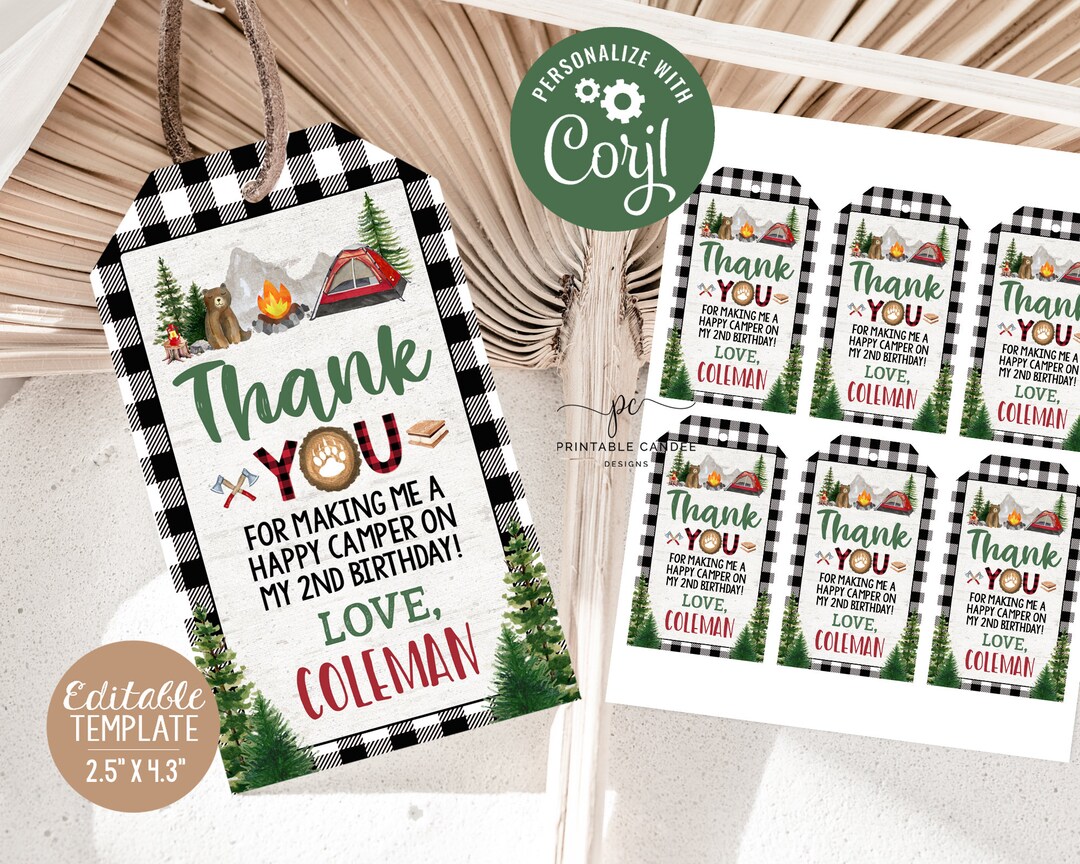 Editable Camping Favor Tags One Happy Camper Smores Black Lumberjack ...