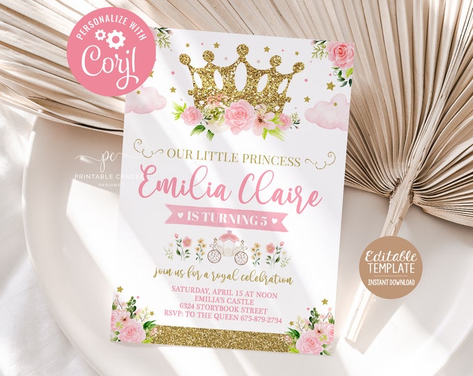 Crown Princess Birthday Invitation EDITABLE Template. Blush Pink Gold ...