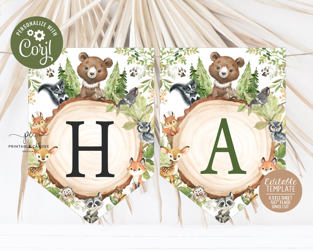 Editable Woodland Baby Shower Flag Banner Boy Forest Animals Theme ...