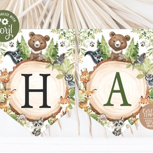 Editable Woodland Baby Shower Flag Banner Boy Forest Animals Theme ...